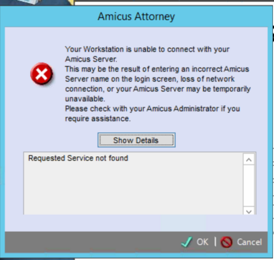 Requested Service not found when logging into Amicus on the server – AbacusNext-Client Services