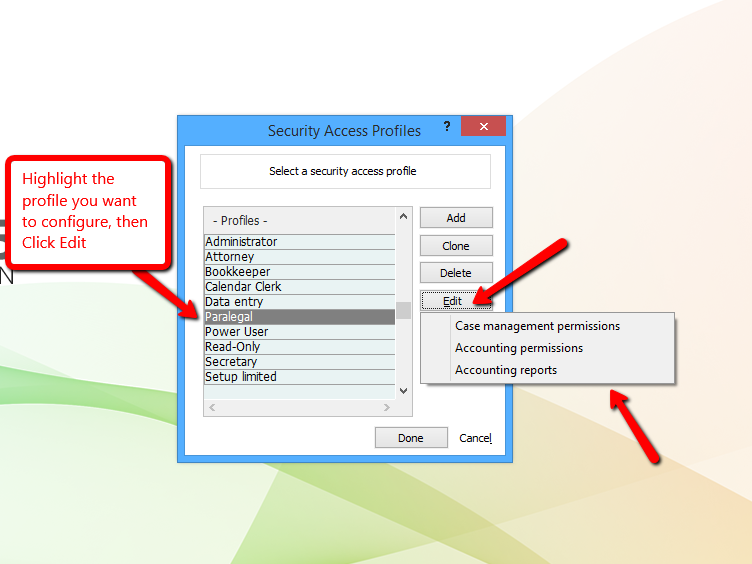 Setting Security Access Profiles – AbacusNext-Client Services