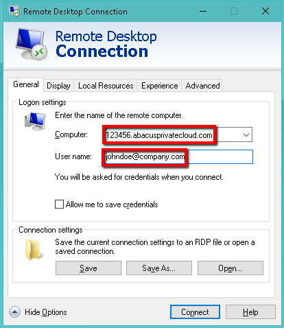 Remote Desktop Connection in Windows – AbacusNext-Client Services